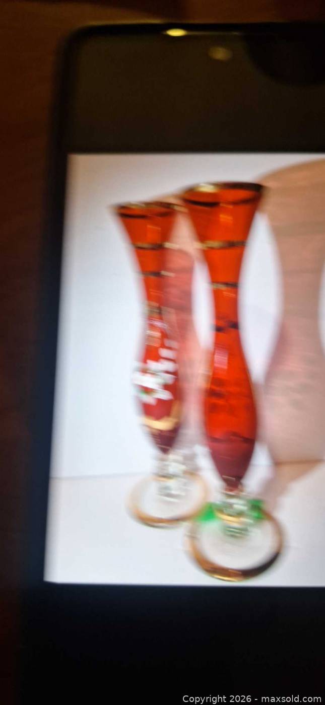 Ruby red Bohemian glass bud vases, pair | Maxsold