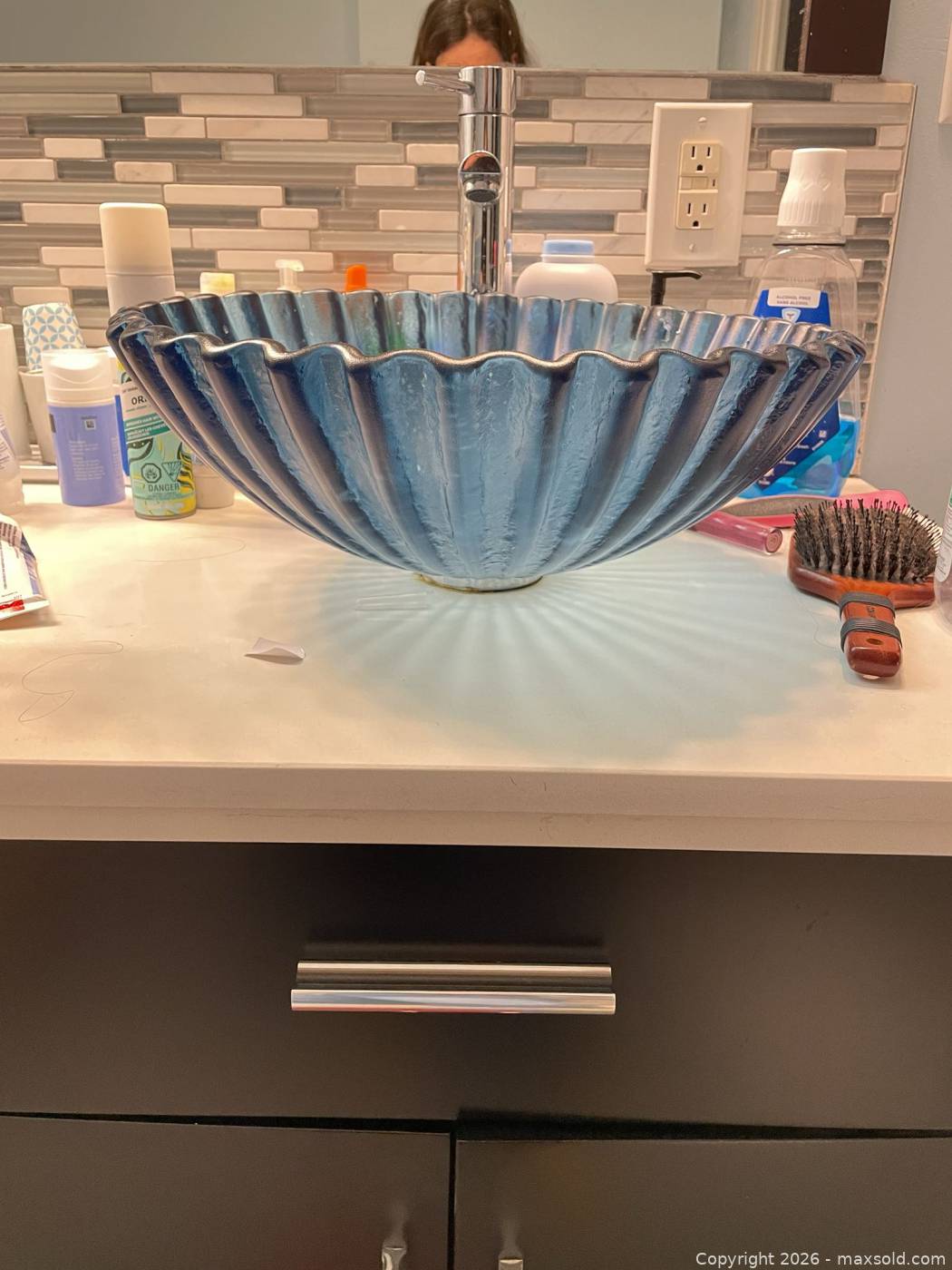 Blue Fluted Glass Vessel Sinks With 60" Wood Vanity | Maxsold