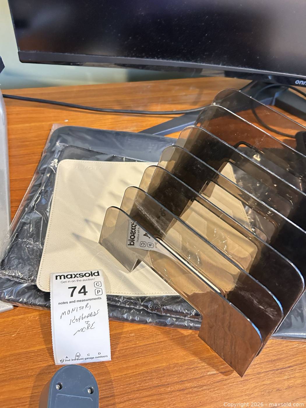 ONN 32-inch curved monitor, two keyboards, Fellowes stands, desk ...