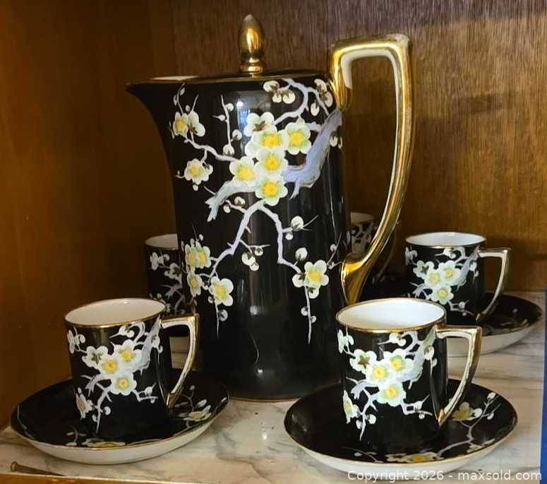 Hand-painted Nippon porcelain chocolate pot with four matching cups and ...