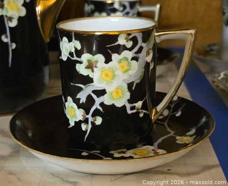 Hand-painted Nippon porcelain chocolate pot with four matching cups and ...