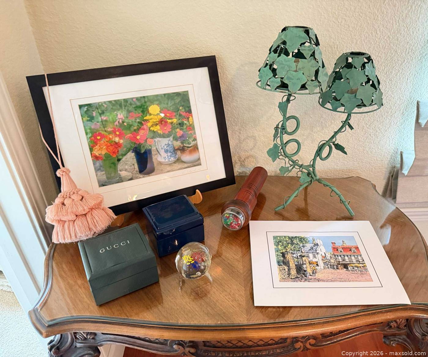 Ivy Leaf Double Table Lamp, Art Prints, Gucci Box And Décor | Maxsold