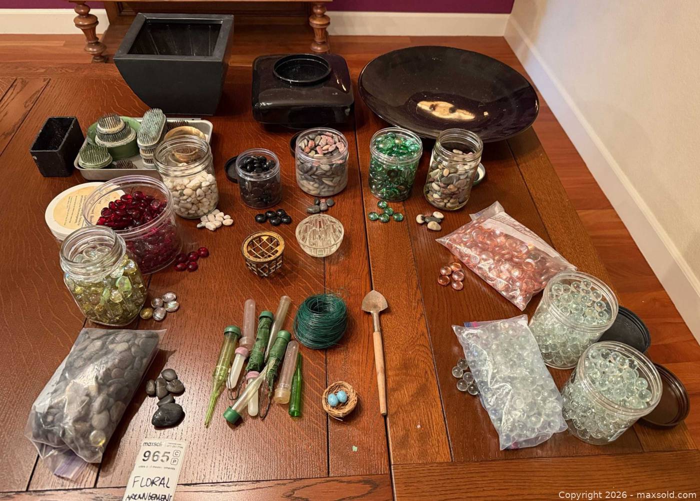 Floral arranging supplies, glass gems, pebbles, planters, frogs | Maxsold