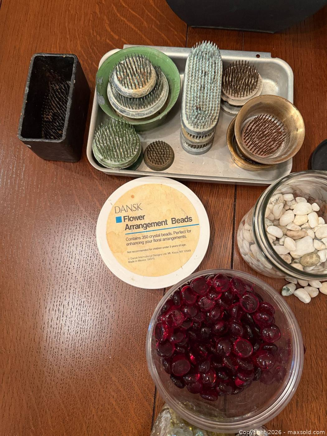 Floral arranging supplies, glass gems, pebbles, planters, frogs | Maxsold