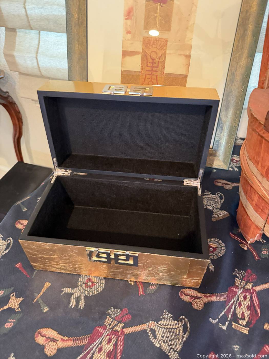 Framed Asian-Style Print, Gold Tone Keepsake Box, Wooden Bucket | Maxsold