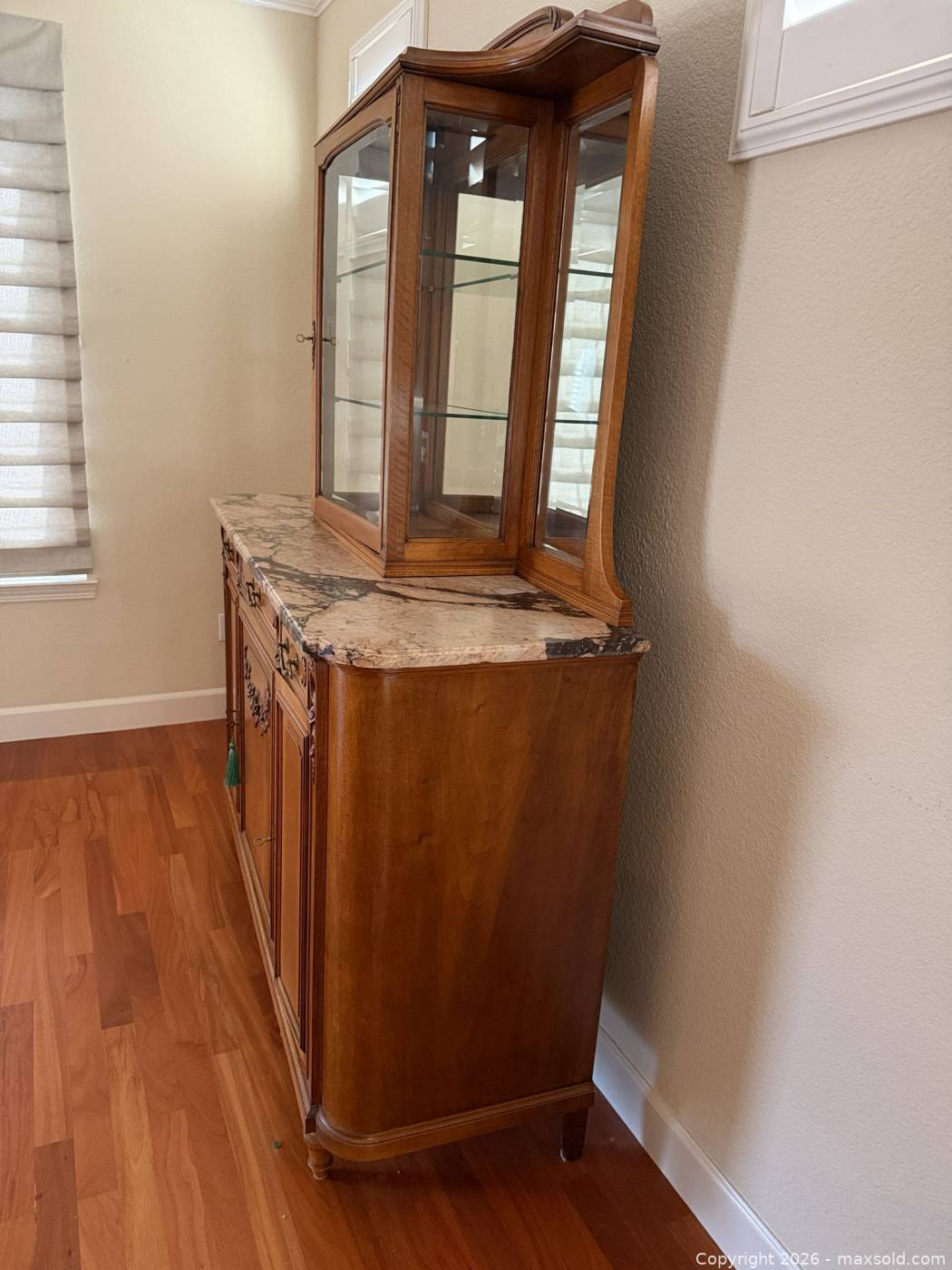 Louis XVI style French wood buffet with marble top and glass hutch ...