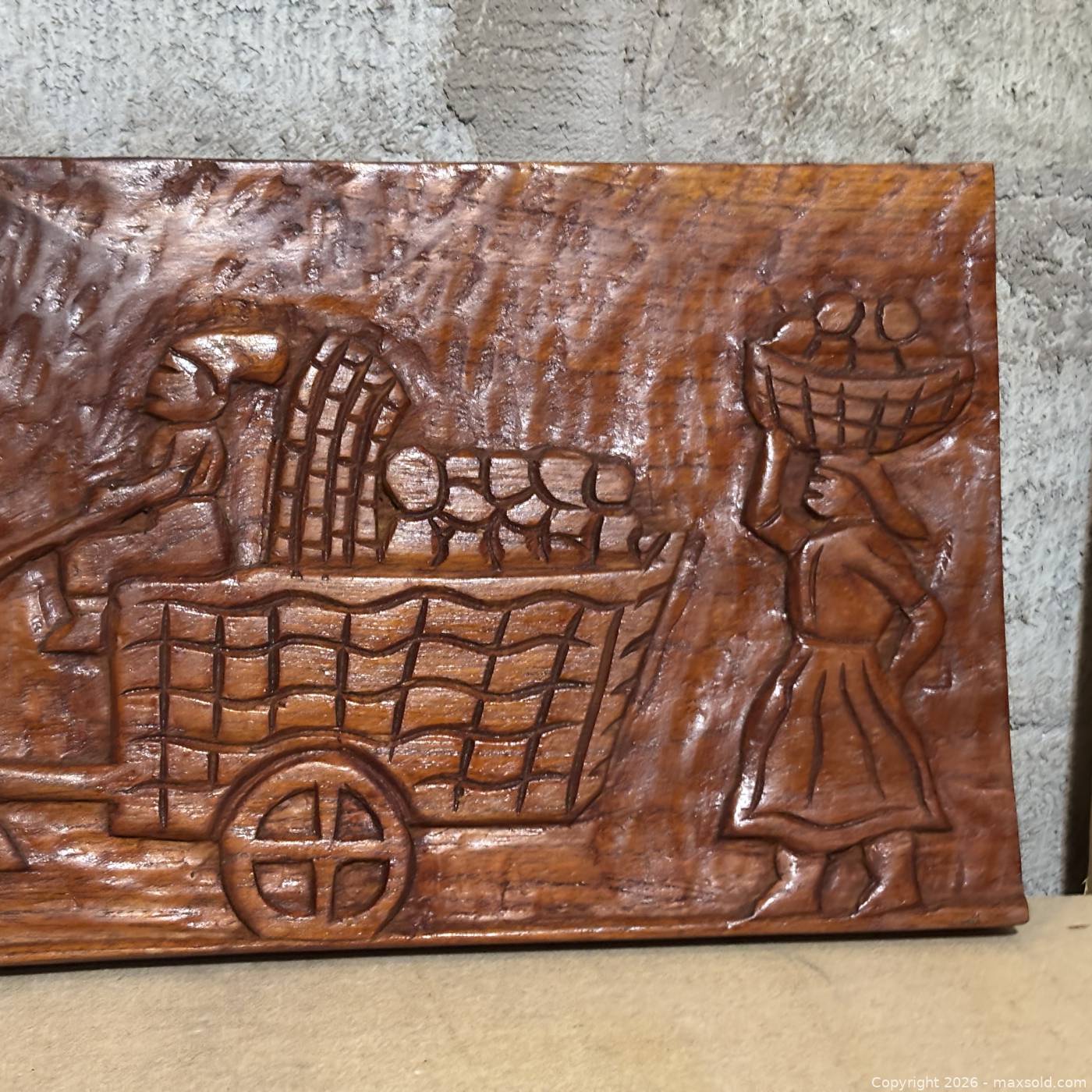 Carved Wooden Ox Cart Relief Plaque | Maxsold