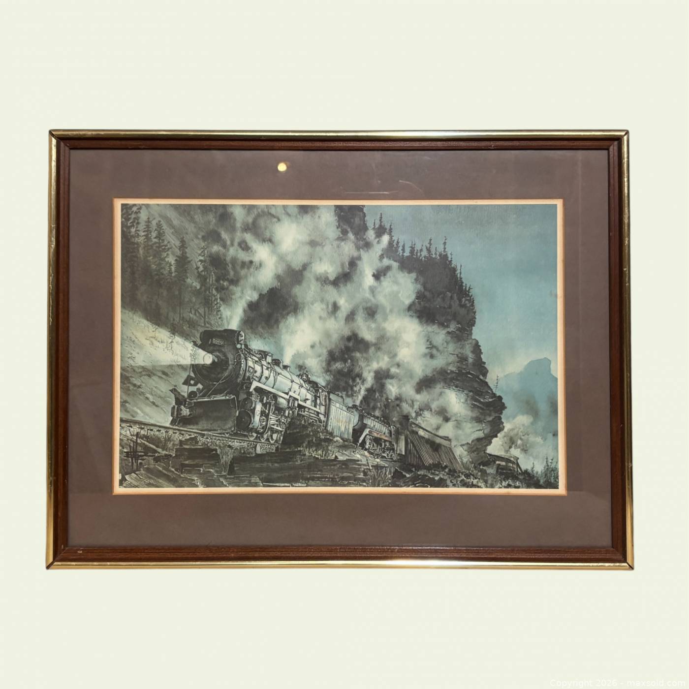 Framed steam locomotive print, wood frame | Maxsold