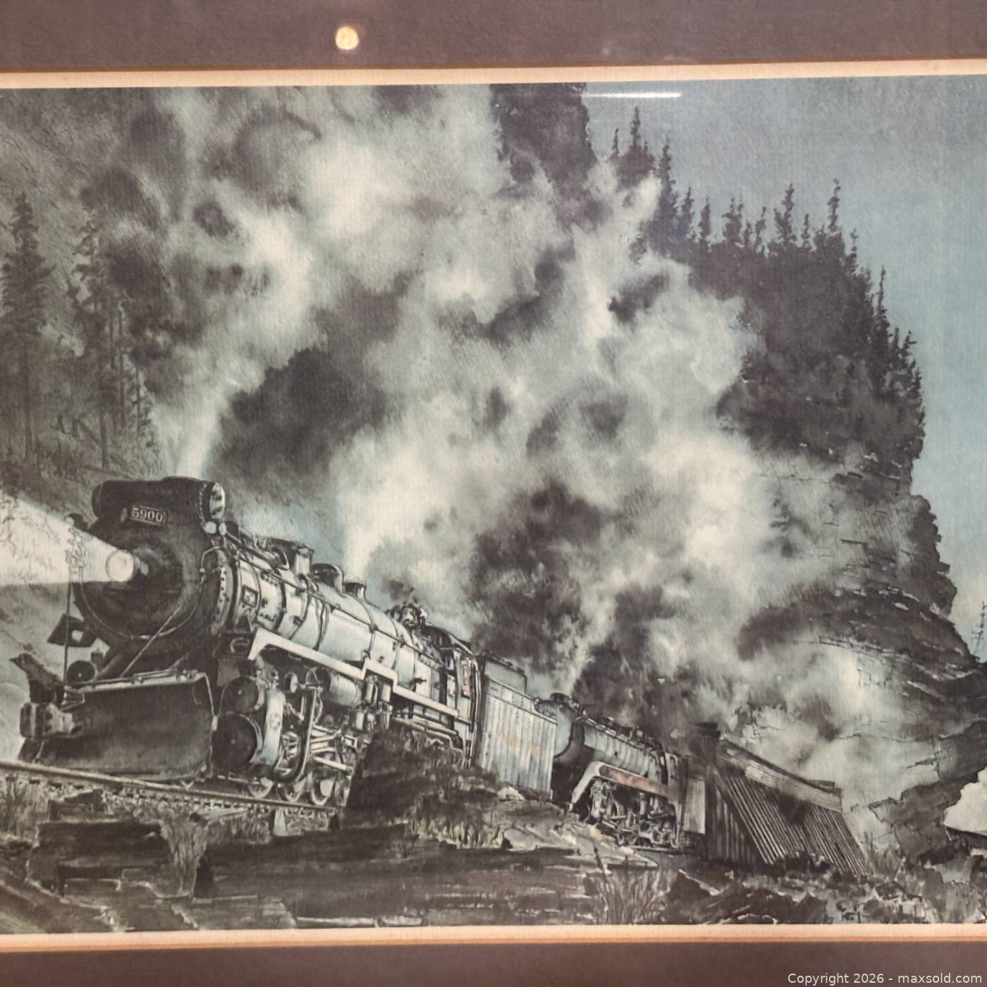 Framed steam locomotive print, wood frame | Maxsold