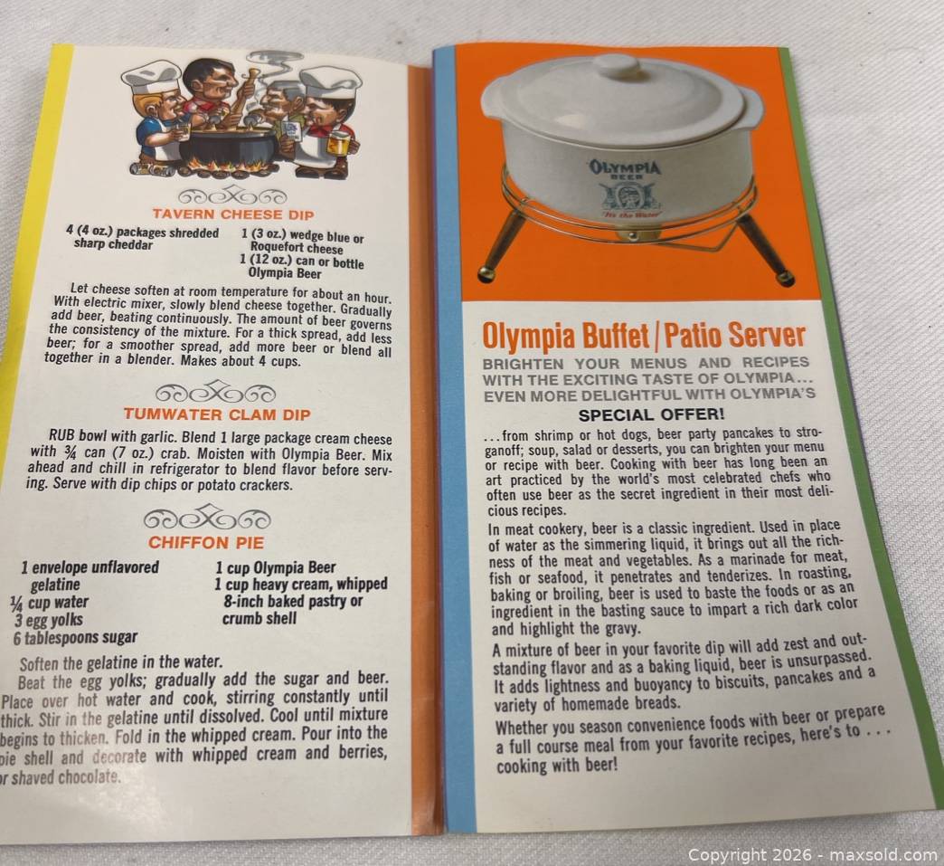 Olympia Beer casserole dish with pamphlet | Maxsold