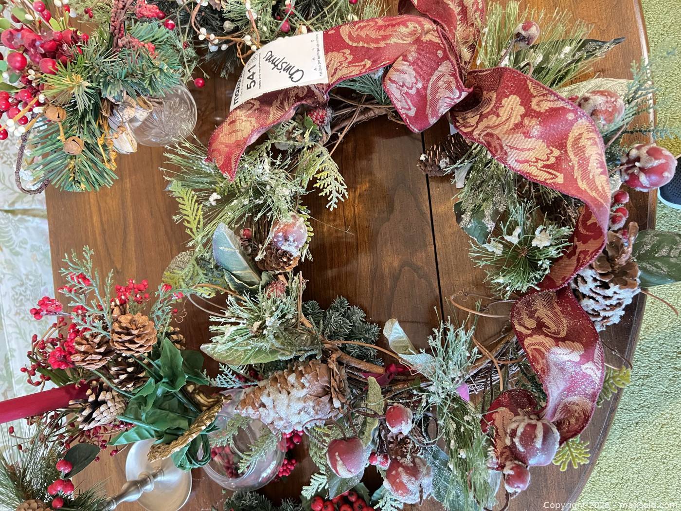 Christmas wreath, lantern, silver candlesticks, tapers and berry picks ...