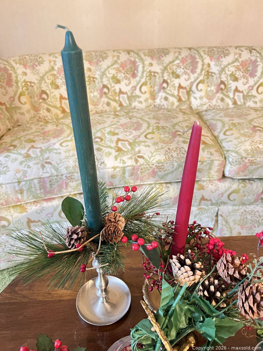 Christmas wreath, lantern, silver candlesticks, tapers and berry picks ...