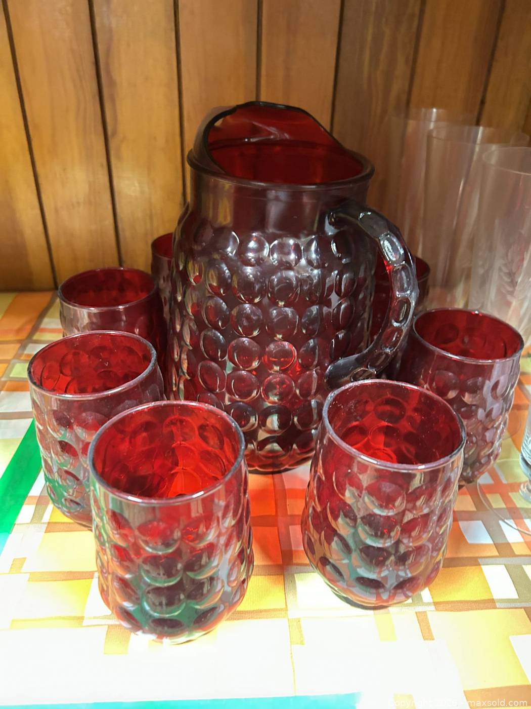 Cranberry bubble glass pitcher, 6 tumblers, ruffled vase, 4 etched ...
