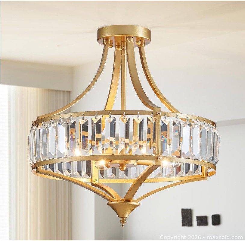 4-Light Gold Crystal Semi Flush Mount Ceiling Light | Maxsold