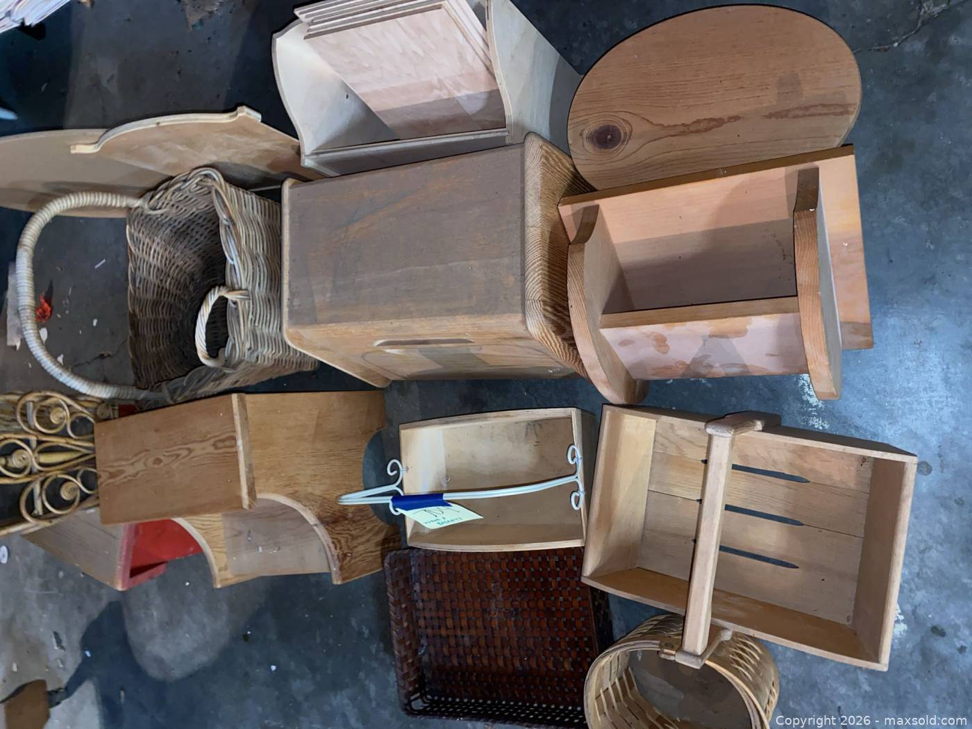 Wood step stool, bread box, rattan rack, baskets & misc wood pieces ...