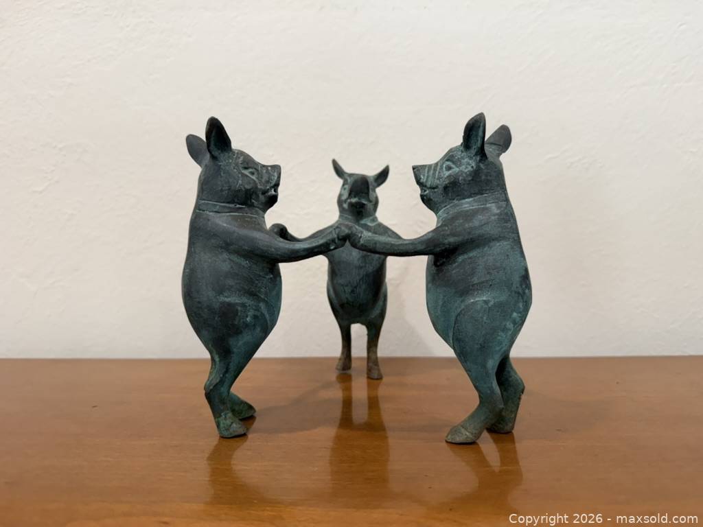 Vintage bronze three pigs dancing sculpture | Maxsold