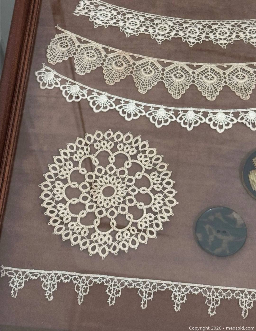 Antique framed crochet doily with lace trims and buttons 13" x 17 ...