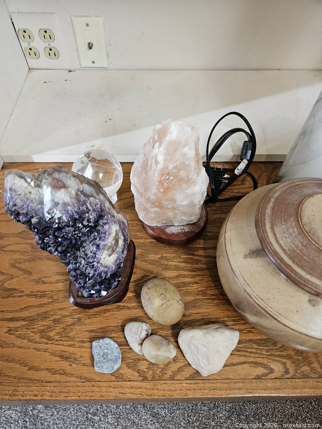 Amethyst geode, salt lamp, ceramic vase with stems, lidded pottery jar ...