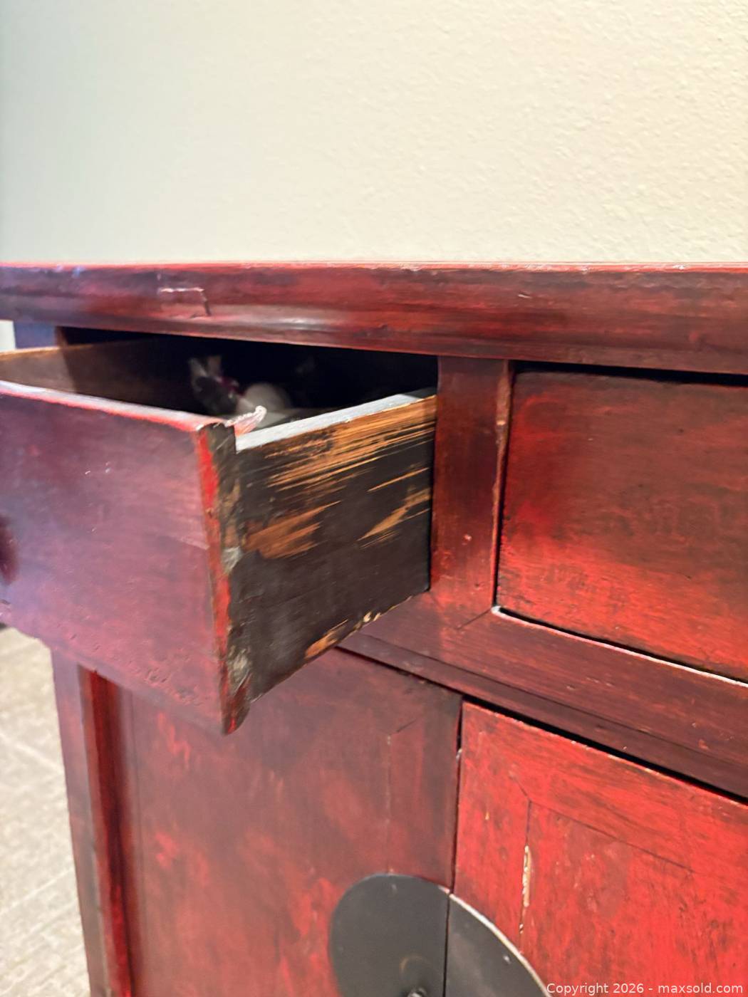 Red distressed Asian style wood chest | Maxsold