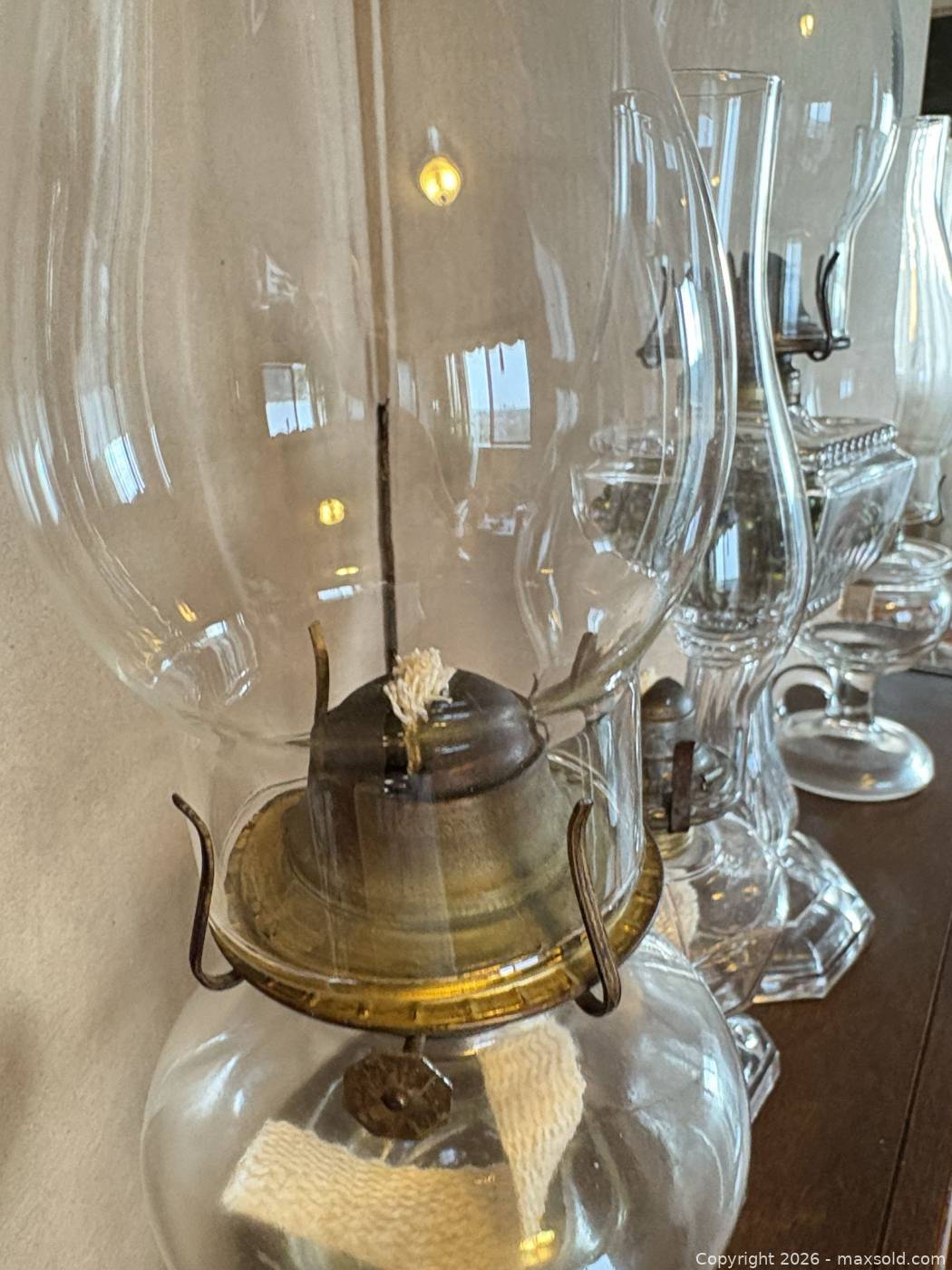 4 clear glass oil hurricane lamps | Maxsold