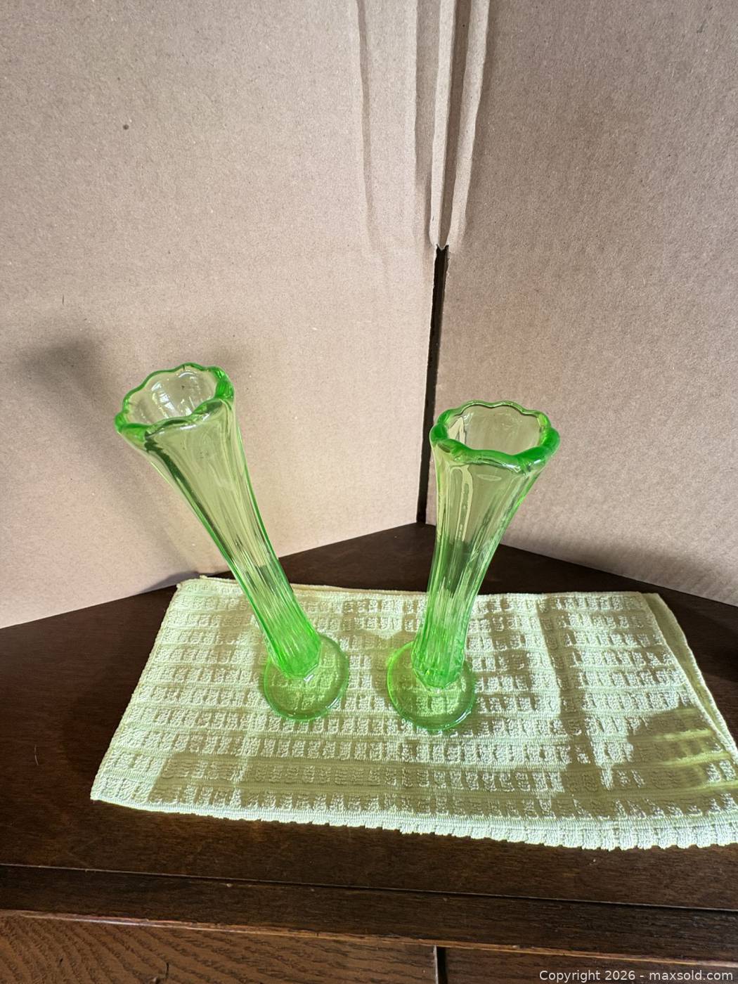 Pair uranium glass trumpet bud vases | Maxsold