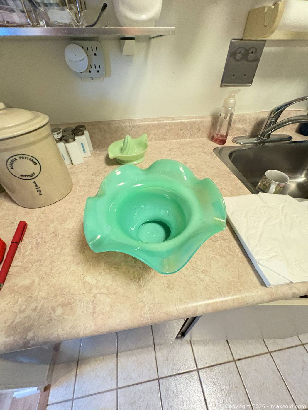 Seafoam green ruffled footed opaline glass compote | Maxsold