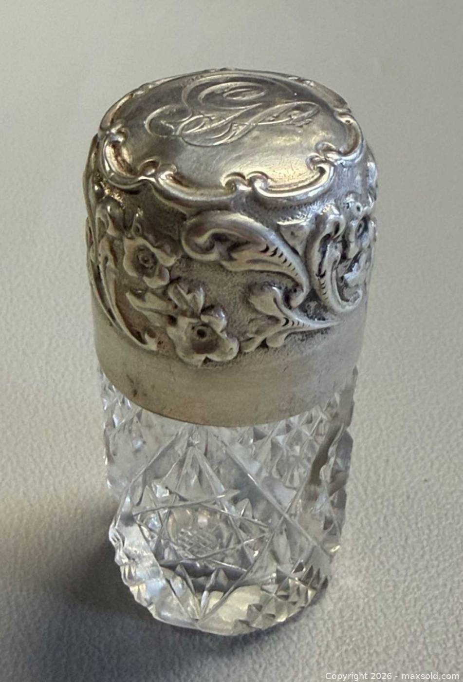 Sterling silver hallmarked & cut glass perfume bottle 2.5"H | Maxsold