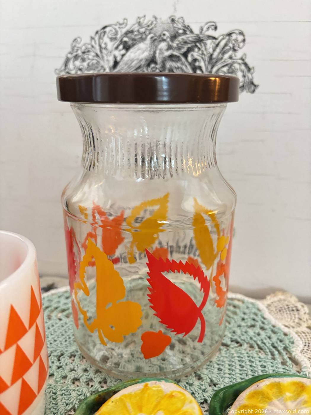 Vintage glass leaf jar, milk glass mug, orange salt & pepper shakers ...