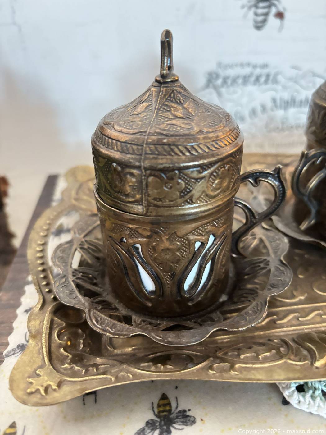 Turkish tulip-engraved brass/copper coffee set | Maxsold
