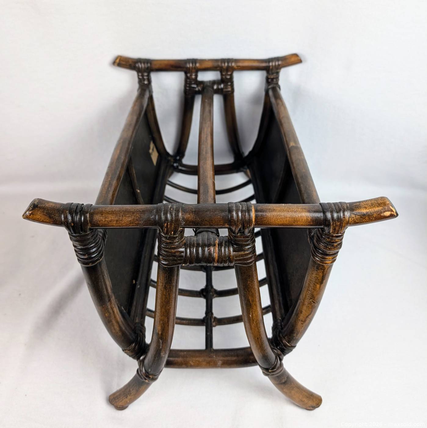 Pier 1 bamboo magazine rack with wood and wicker trays, box | Maxsold