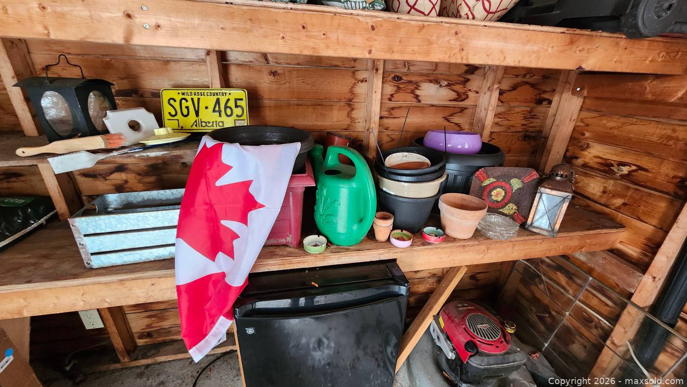 Assorted garden pots, planters, trays, lantern, vintage Alberta license ...