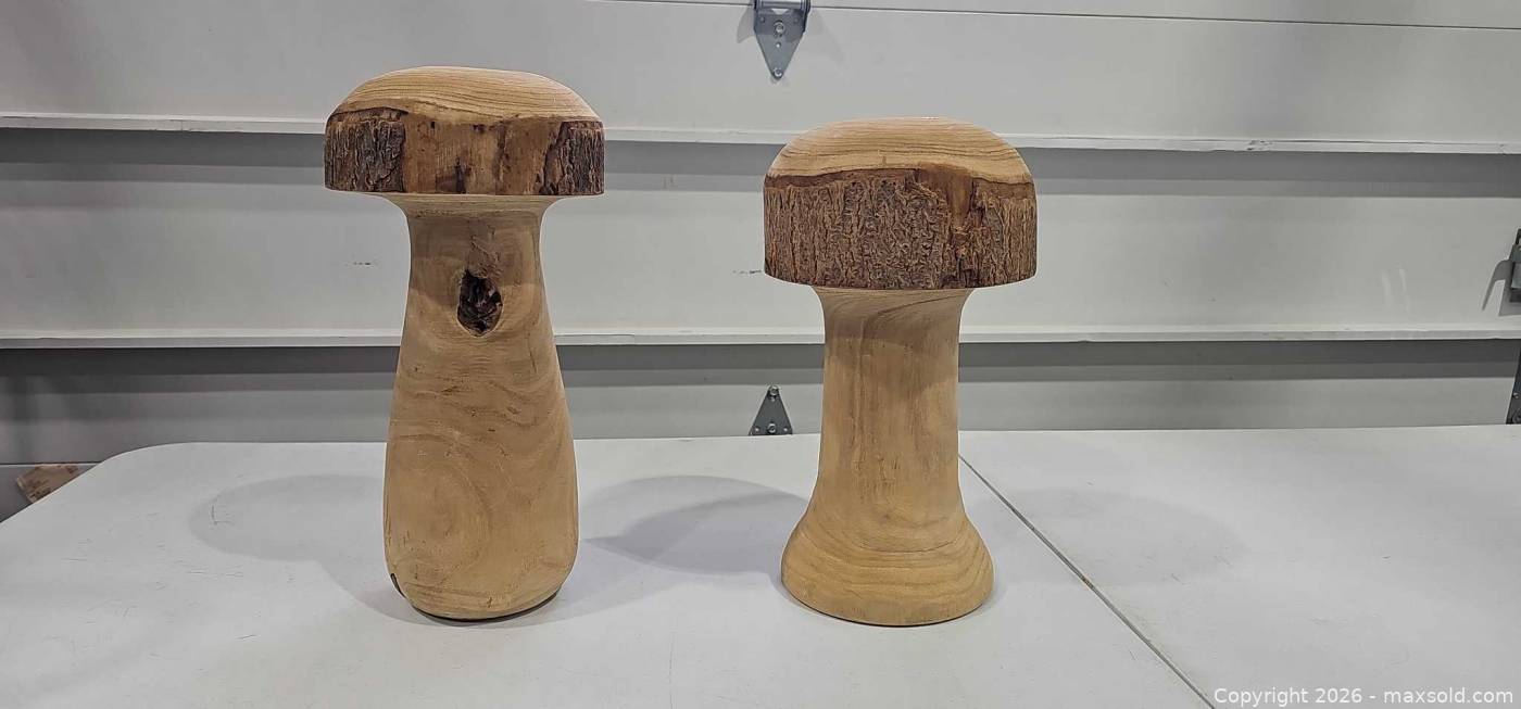 Pair of turned paulownia wood mushroom pedestals | Maxsold