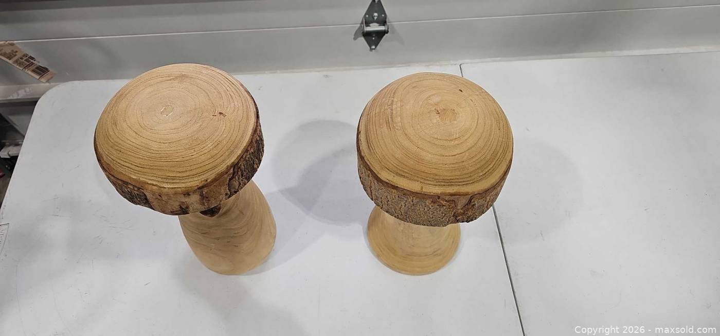 Pair of turned paulownia wood mushroom pedestals | Maxsold