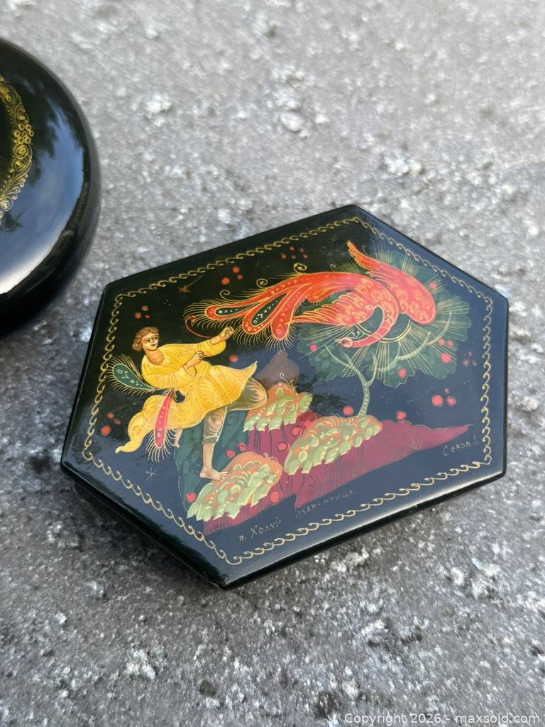 2 Russian black lacquer trinket boxes | Maxsold