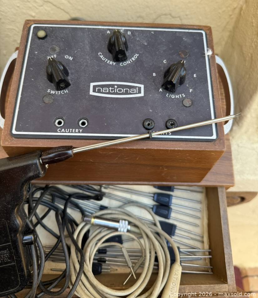 Vintage National cautery control unit, pistol handpiece, assorted tips ...