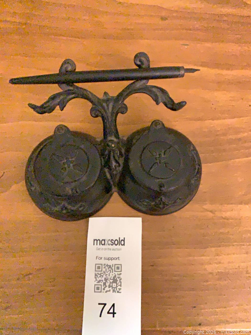 Victorian cast metal double inkwell with pen | Maxsold