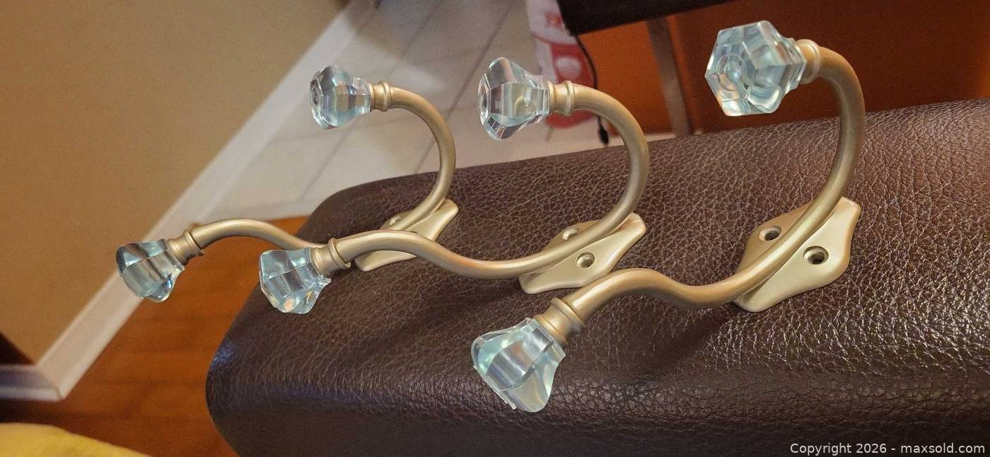 Set of 3 satin silver wall hooks with ice blue acrylic finials | Maxsold