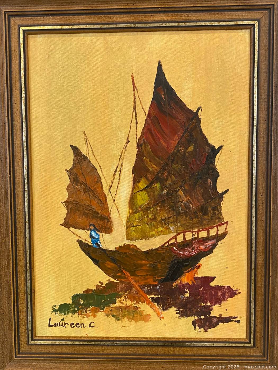 Vintage oil painting Chinese junk boat signed Laureen C. framed | Maxsold