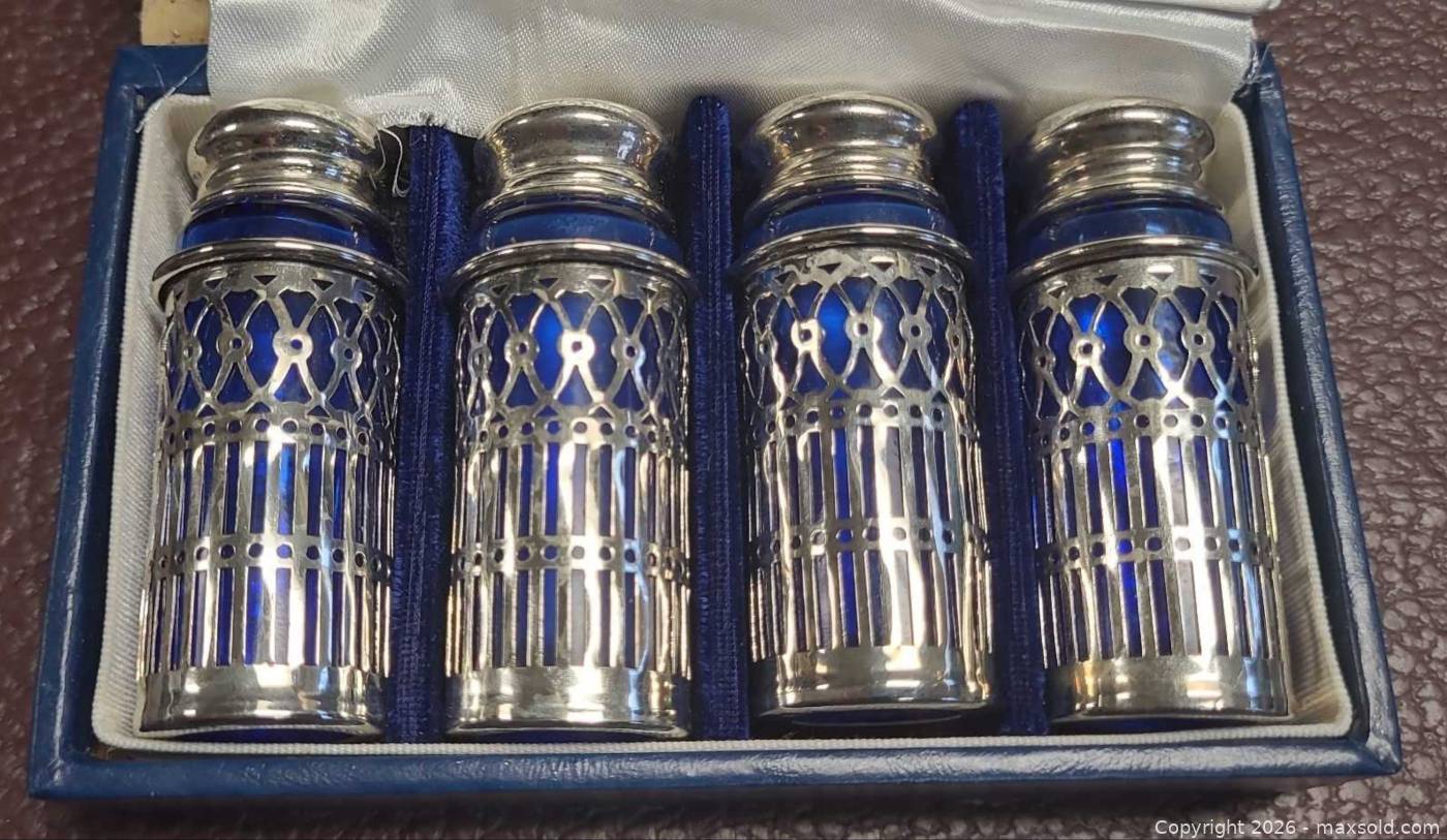 Raimond silver-plated salt & pepper shakers with cobalt liners and five ...