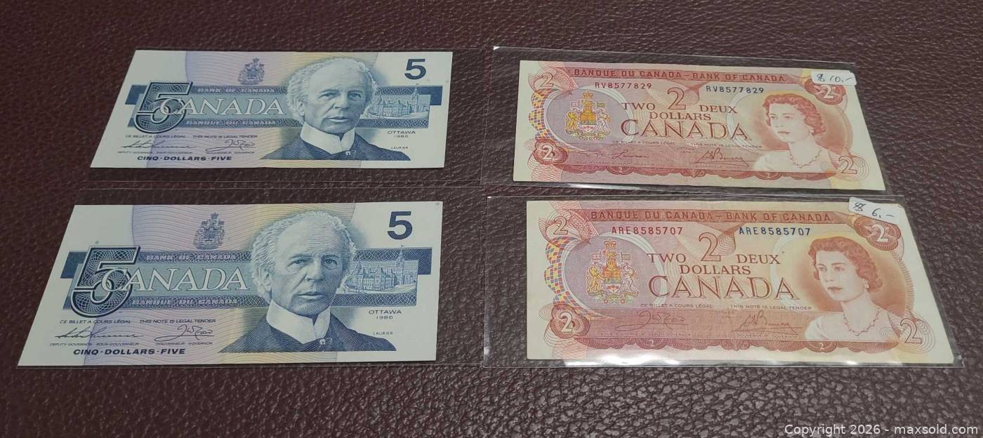 Vintage Canadian 5 and 2 Dollar Banknotes (4) | Maxsold