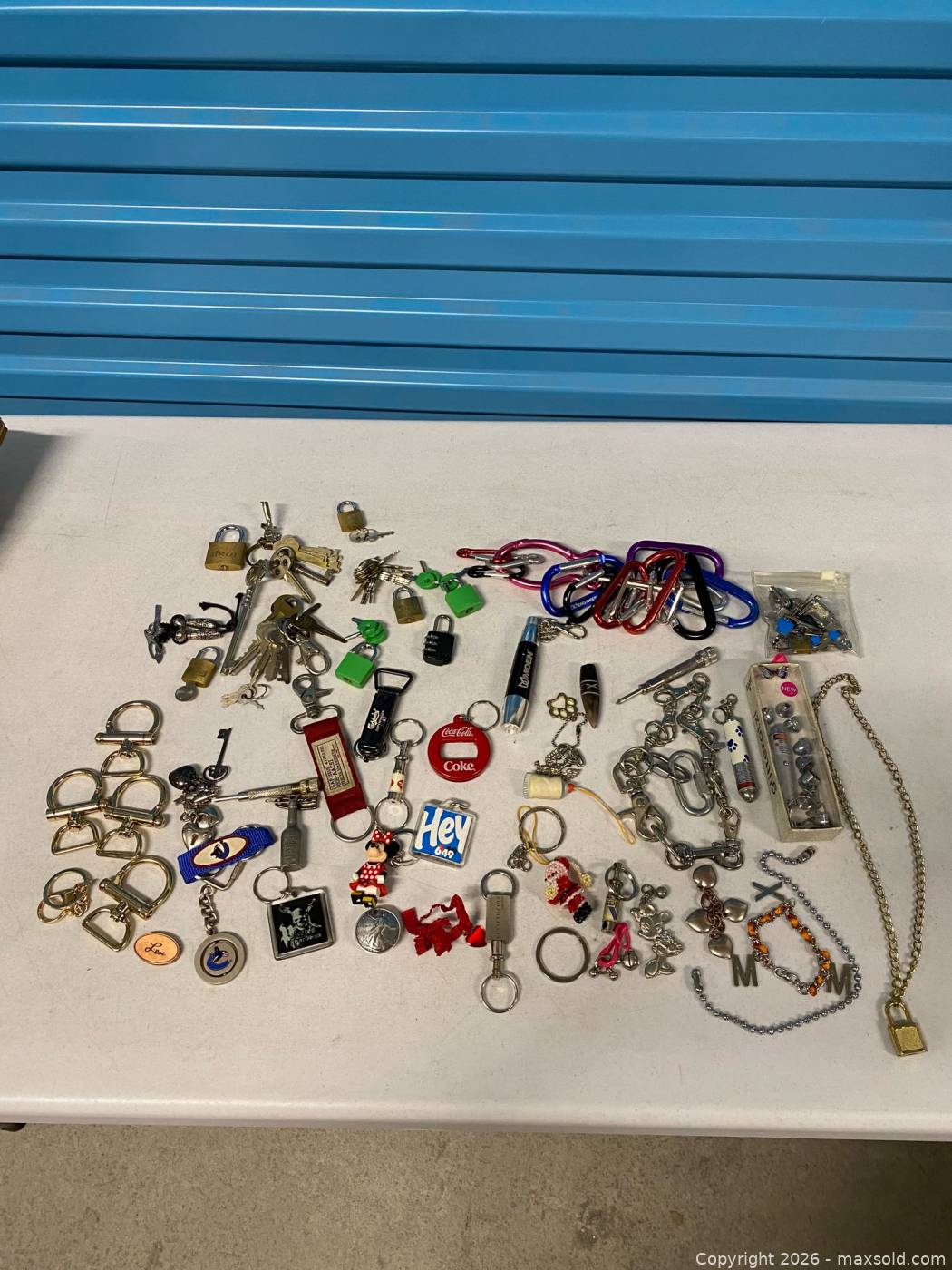 Mixed keychains, padlocks, carabiners, charms, chains & small tools ...