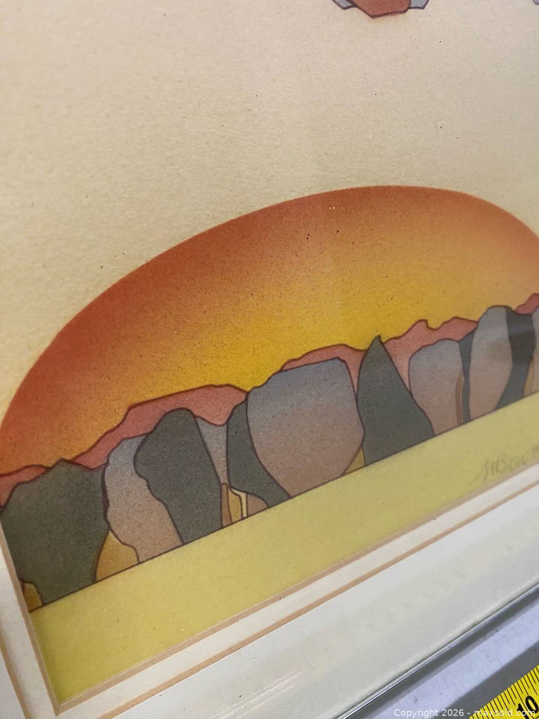 Vintage signed abstract landscape art print framed 1979 | Maxsold