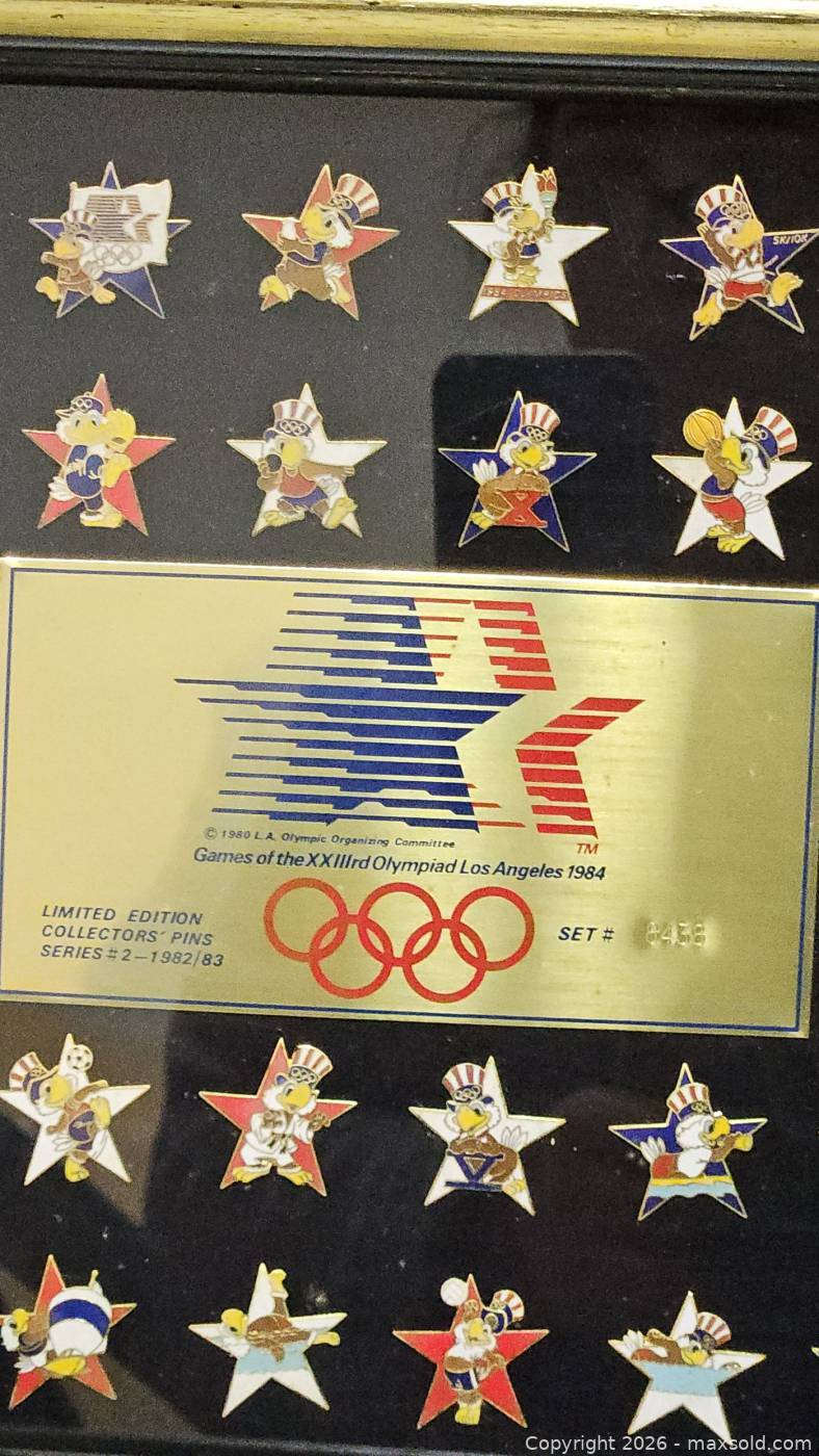 1984 Los Angeles Olympic framed star pin set | Maxsold