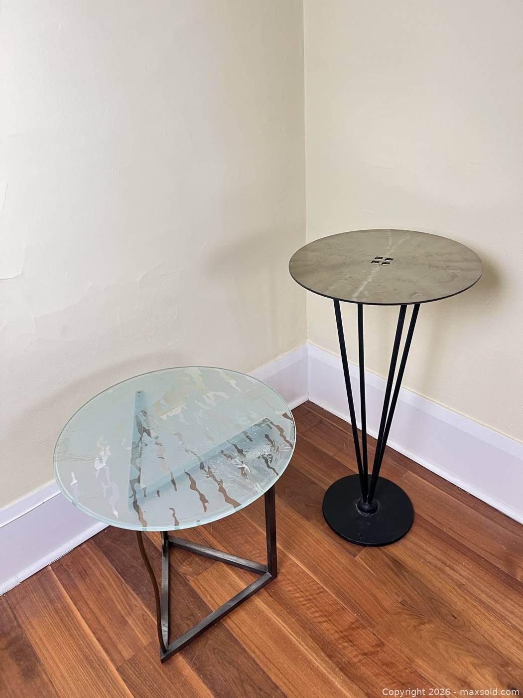 Industrial metal and glass side table pair | Maxsold