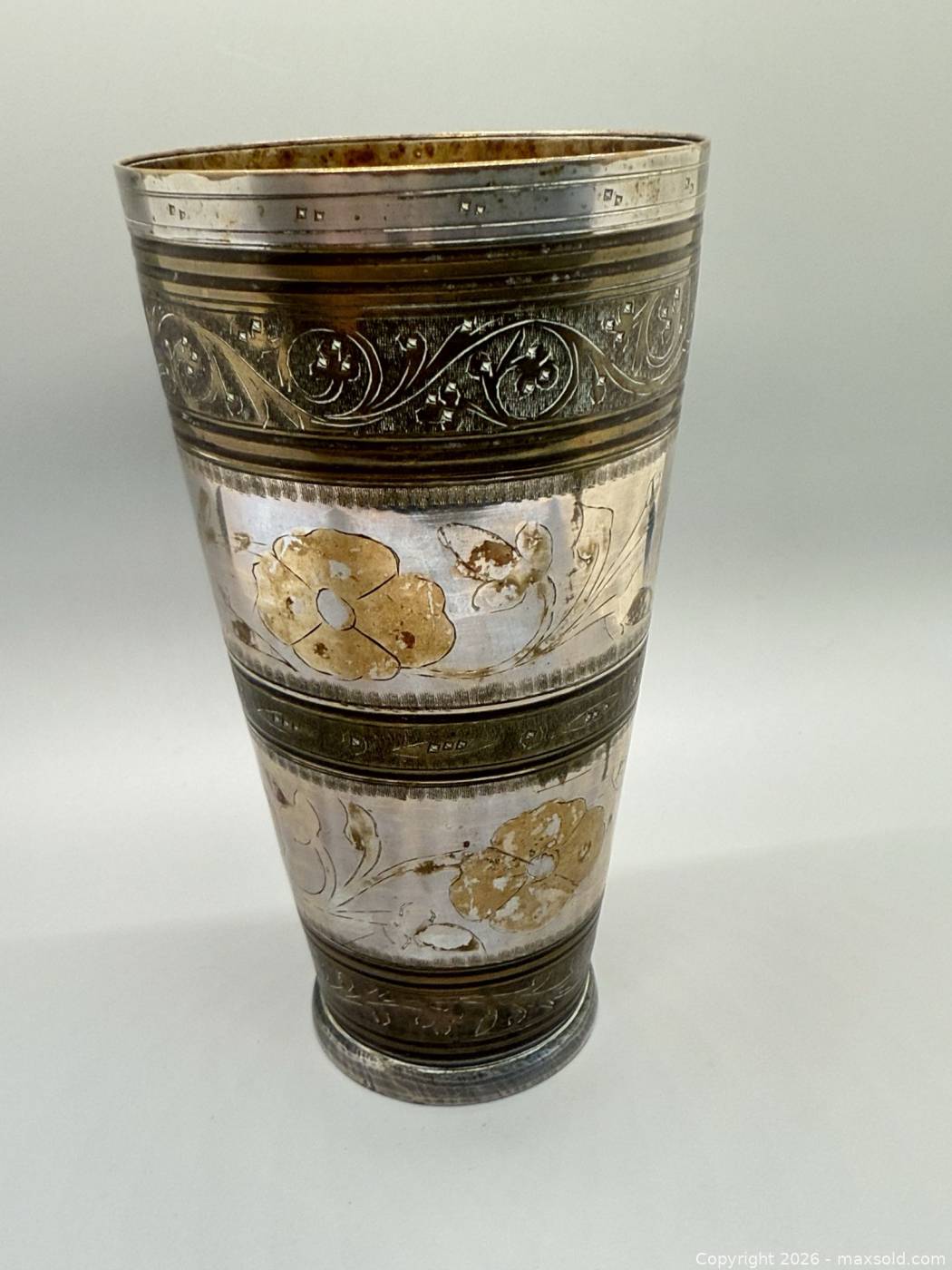 Engraved Metal Lassi Cup With Gilt Floral Bands | Maxsold