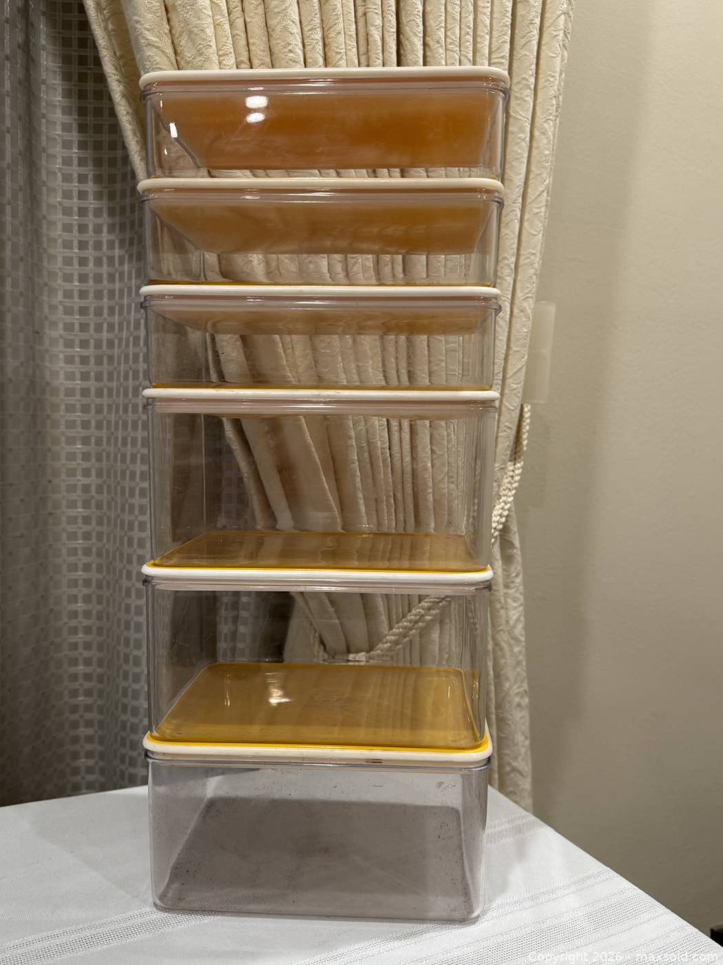 Mid-century clear plastic storage boxes, yellow lids, made in Holland ...