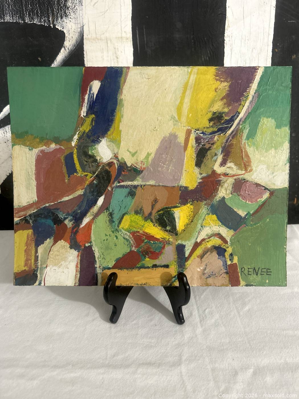 Abstract oil painting on board signed Renee, 1998 | Maxsold
