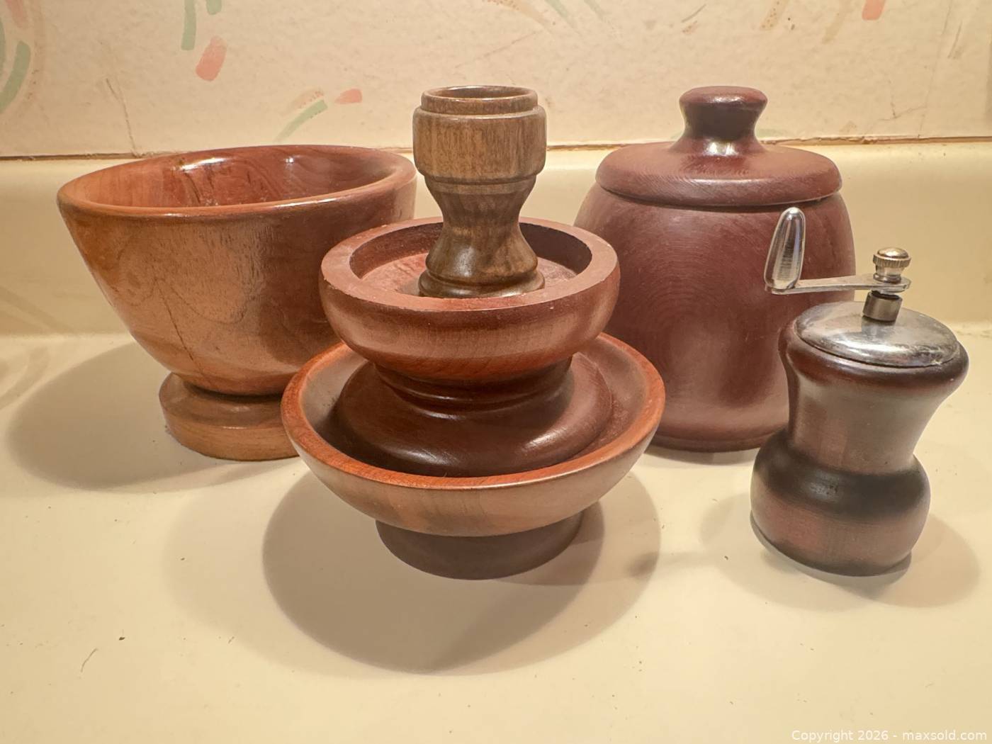 Turned hardwood pepper mill, bowls, lidded jar, spoon | Maxsold
