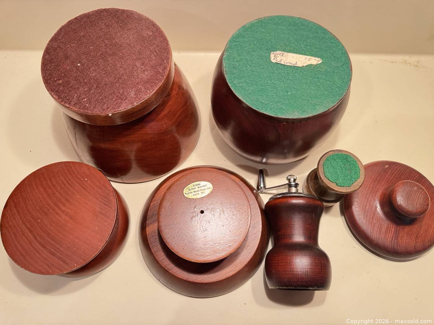 Turned hardwood pepper mill, bowls, lidded jar, spoon | Maxsold
