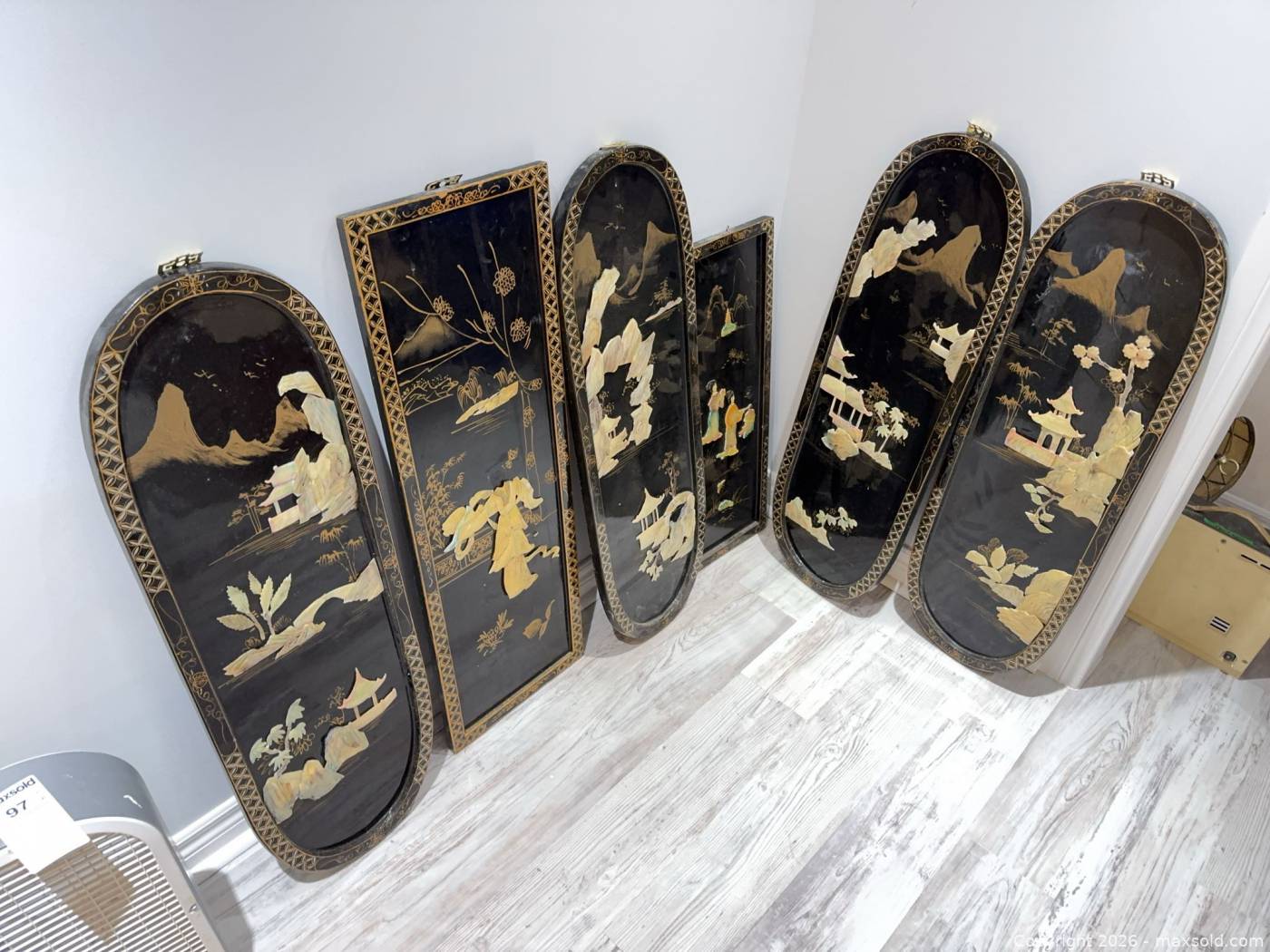 Set of 6 Asian lacquer wall panels with mother-of-pearl inlay | Maxsold